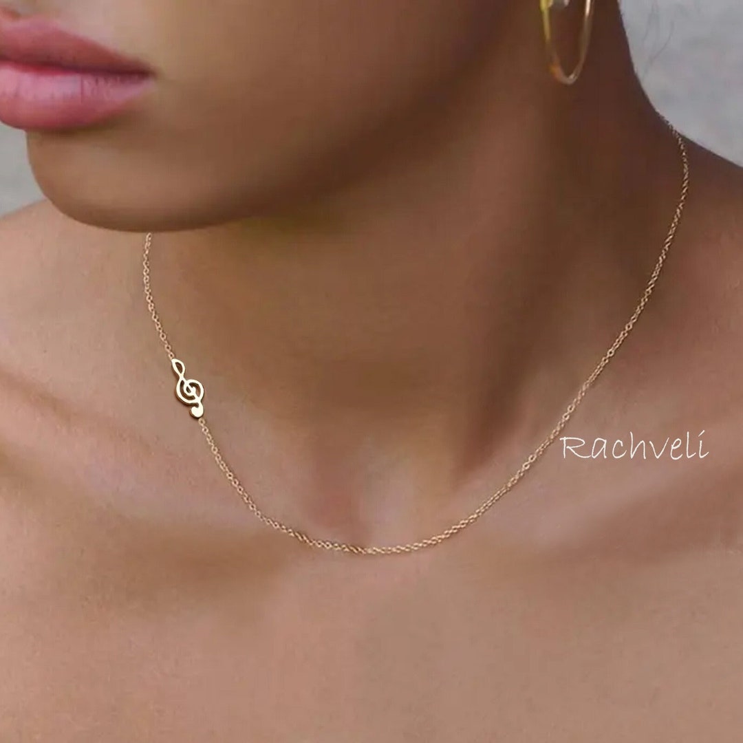 10K, 14K or 18K Solid Gold Sideways Treble Clef Necklace, Music Note ...
