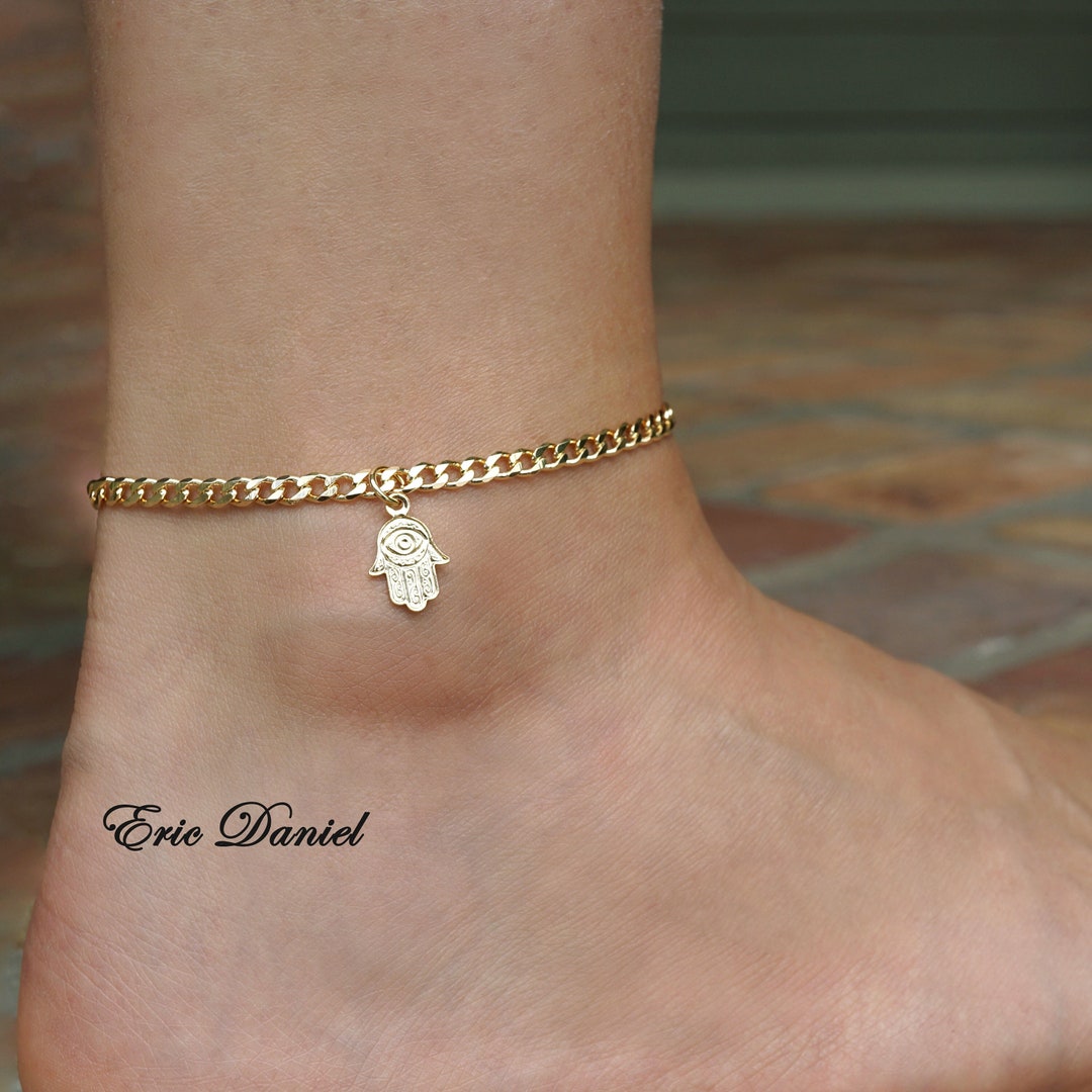 Yellow Gold Hamsa Hand Anklet, Curb Chain Anklet, Specialty Chain ...