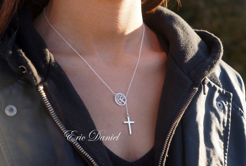 Tree of Life With Drop Cross Lariat Necklace Available in - Etsy
