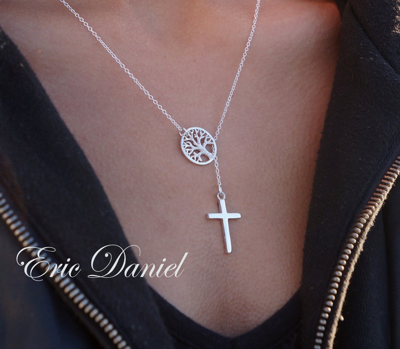 Tree of Life With Drop Cross Lariat Necklace Available in - Etsy