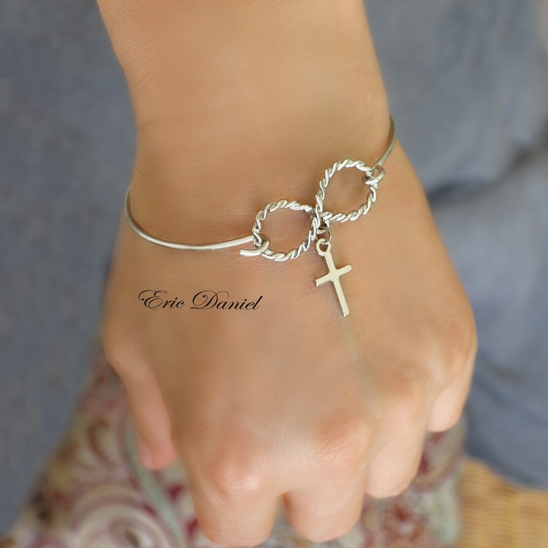 Infinity Bangle Bracelet With Small Cross in Yellow Gold or Silver ...