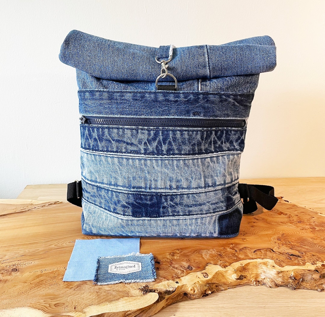 Denim Recycled Backpack Roll-top Rucksack Upcycle Zero-waste BPK005 - Etsy