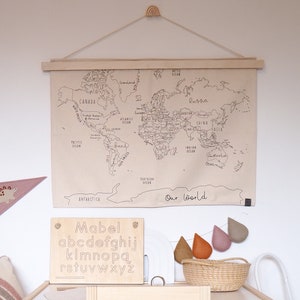 Small World Map Fabric Wall Hanging Natural Organic Cotton 67x46cm ...