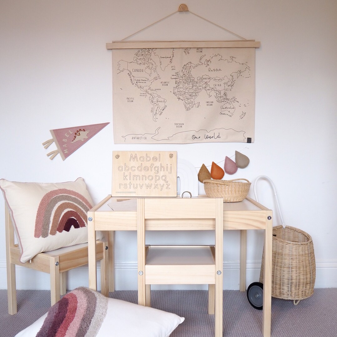 Small World Map Fabric Wall Hanging Natural Organic Cotton 67x46cm ...