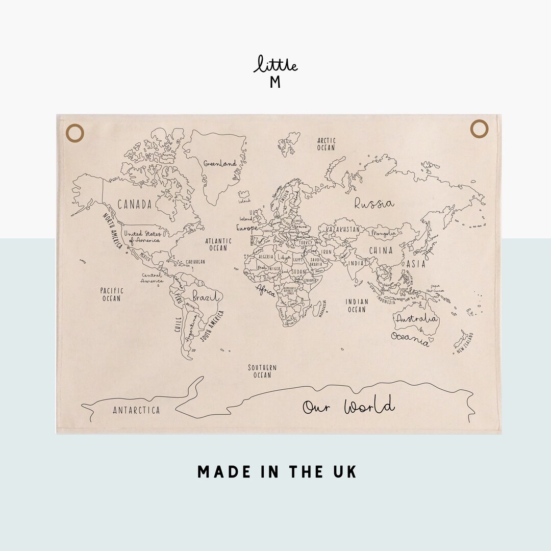 Small World Map Fabric Wall Hanging Made in the UK, Natural Organic ...