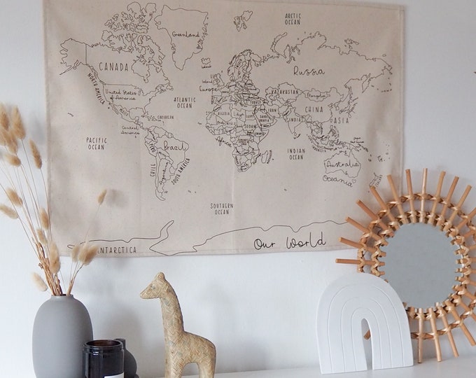 Small World Map Fabric Wall Hanging Natural Organic Cotton 67x46cm ...