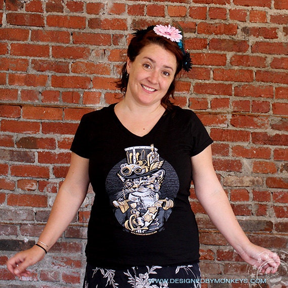 Women's the Commodore Owen P. Ticklewhiskers Steampunk Cat V-neck T ...