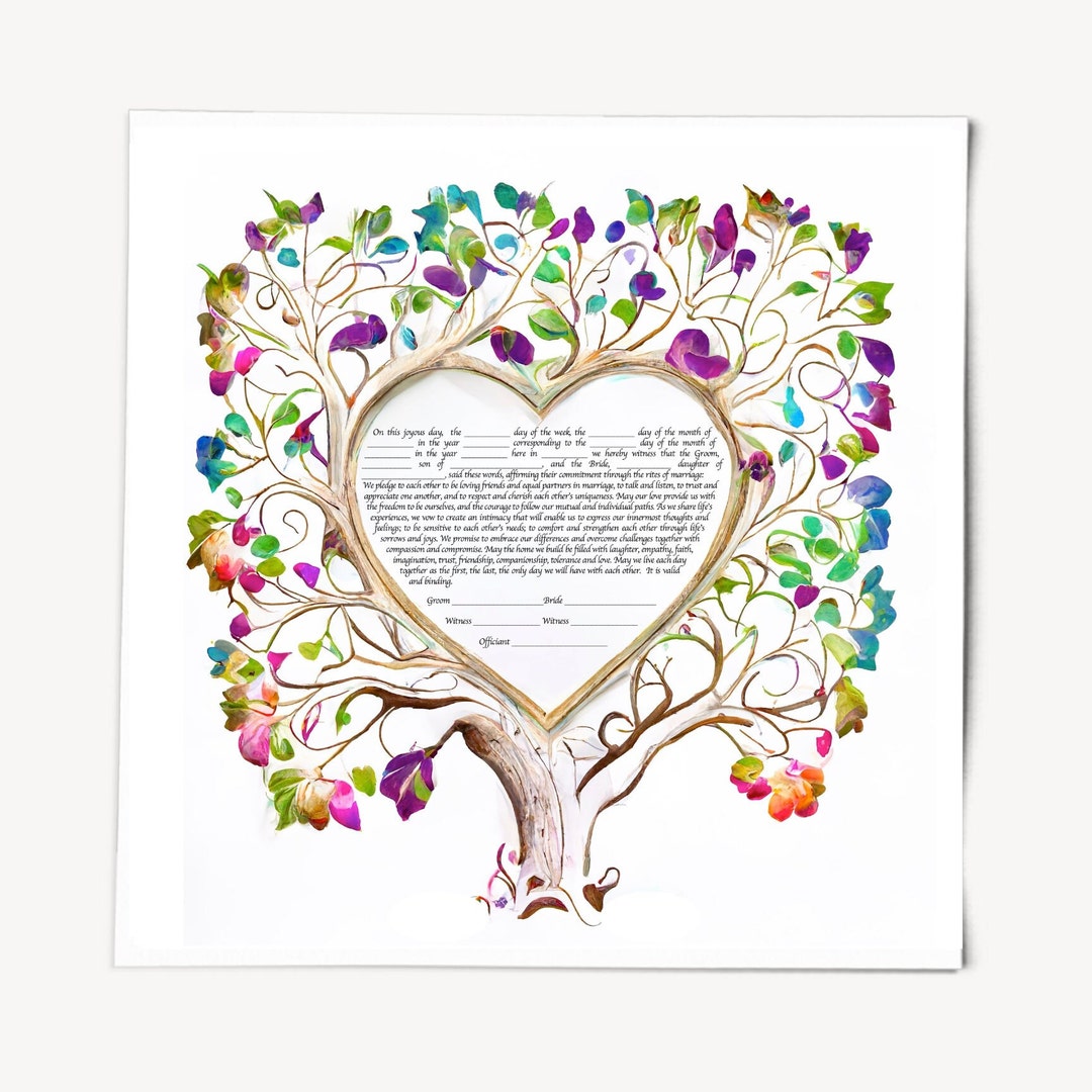 Ketubah colorful Tree of Life Heart Watercolor, Fast Shipping, Budget ...