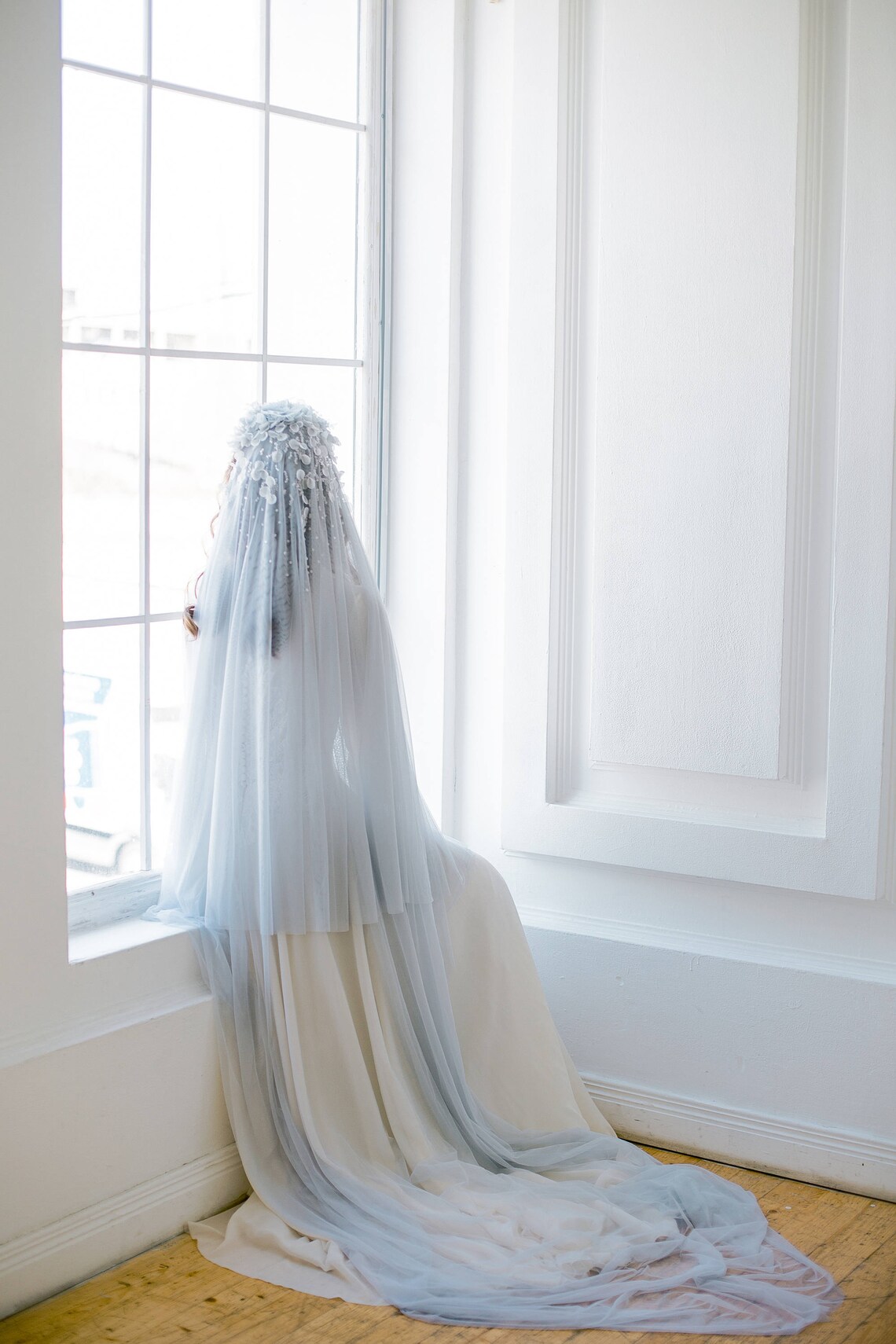 Light Blue Two Tier Cathedral Veil With Hand-sewn Textile Headpiece and ...
