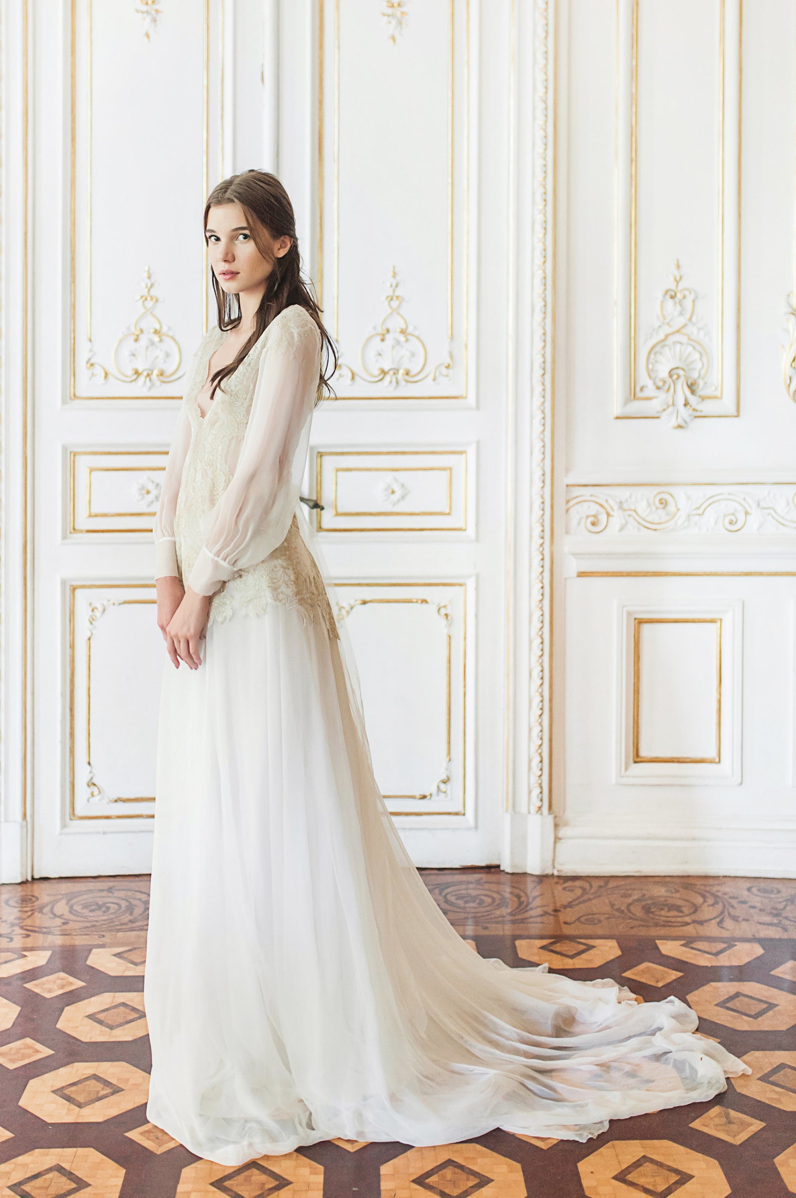 Bishop Sleeve Wedding Gown With Gold Lace Bodice - Etsy