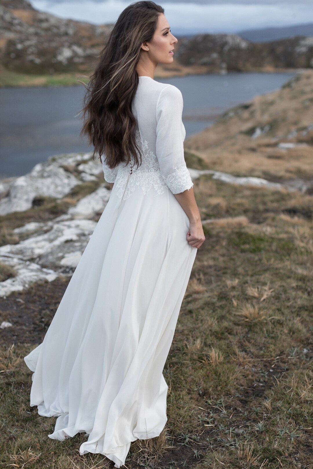 Modest Wedding Dress With Lace Bishop Sleeves and Embroidery - Etsy