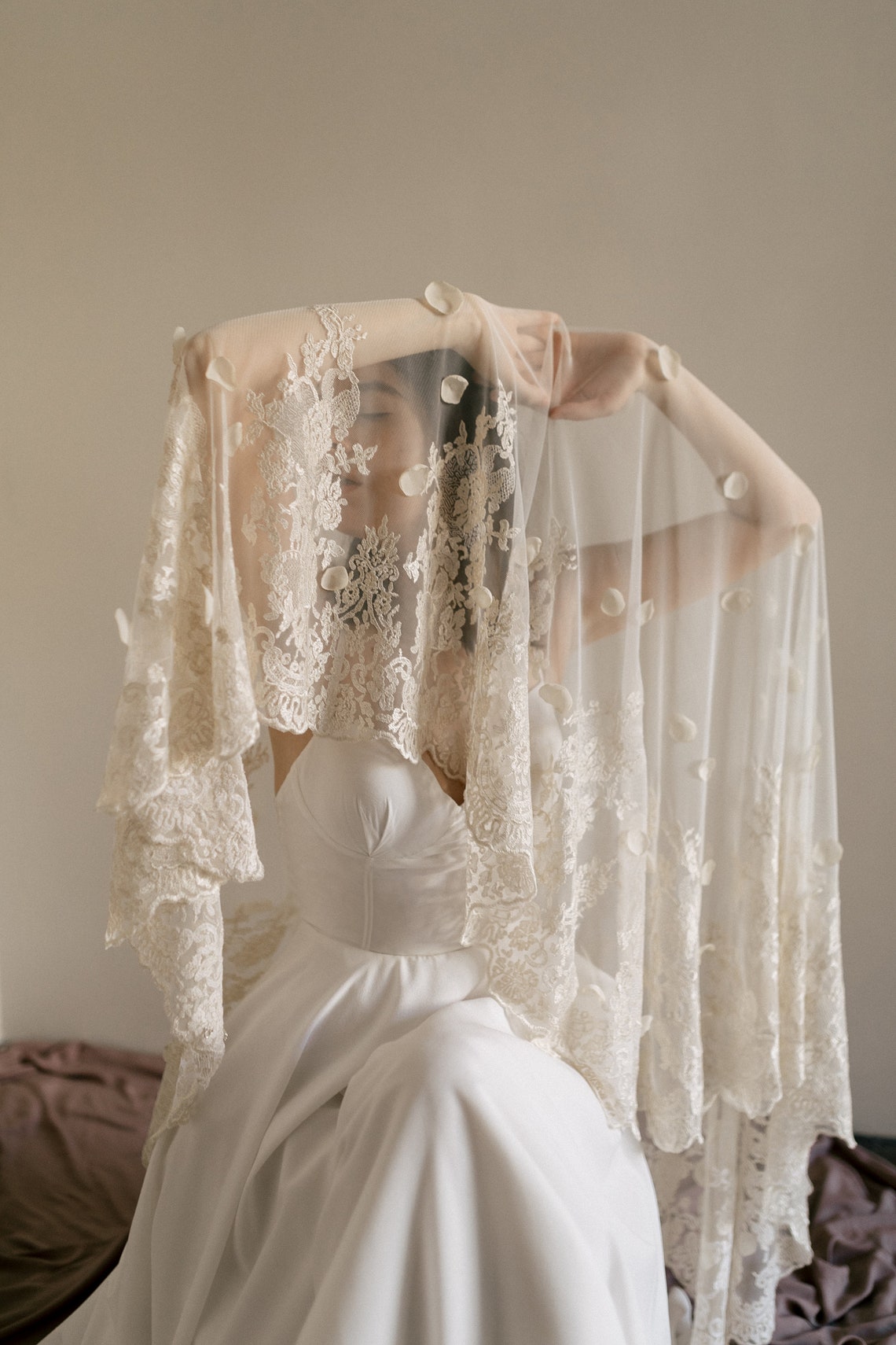 Monarch Beige Scalloped Edge Wedding Veil With Hand-sewn | Etsy