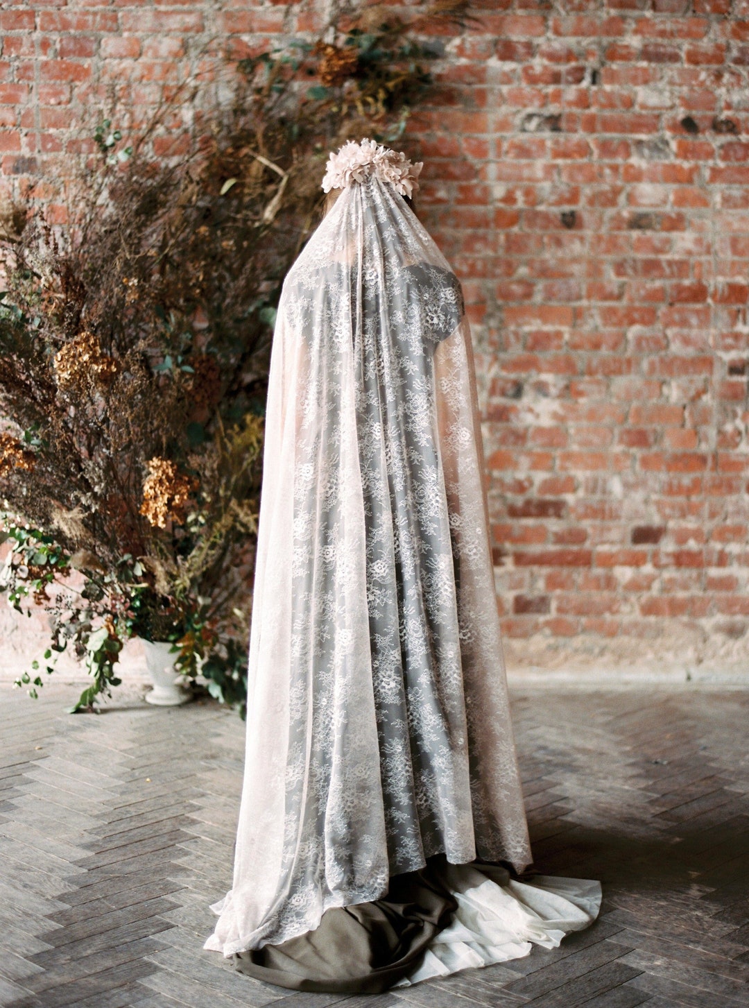 Dark Beige Lace Wedding Veil With Hand-sewn Textile Headpiece - Etsy