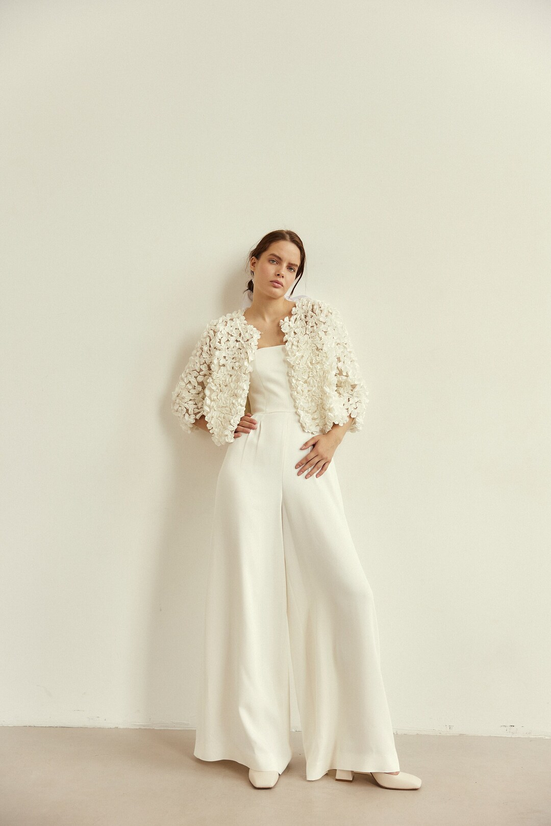 White Sleeveless Wide-leg Corset Bridal Jumpsuit With Voluminous ...