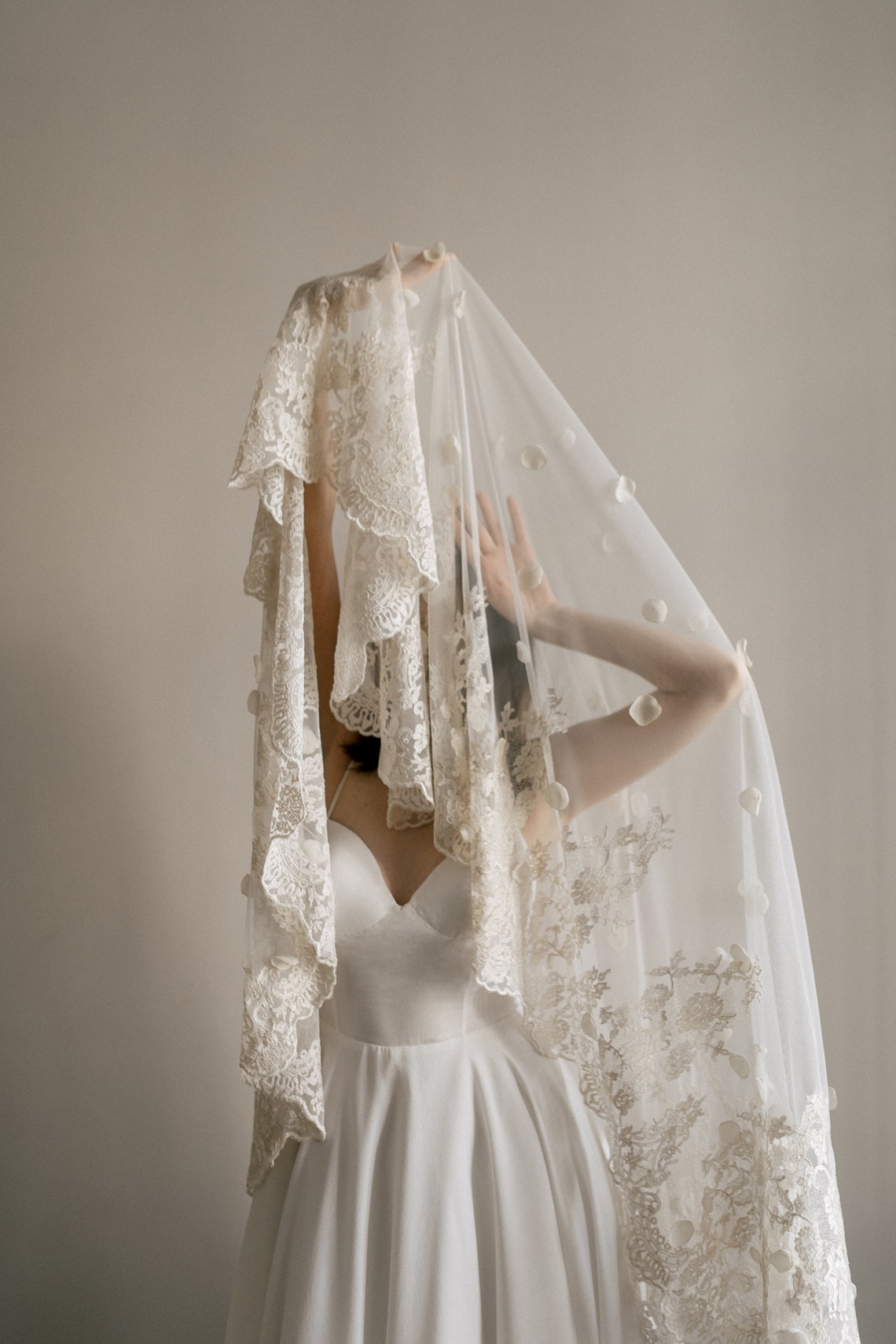 Monarch Beige Scalloped Edge Wedding Veil With Hand-sewn | Etsy