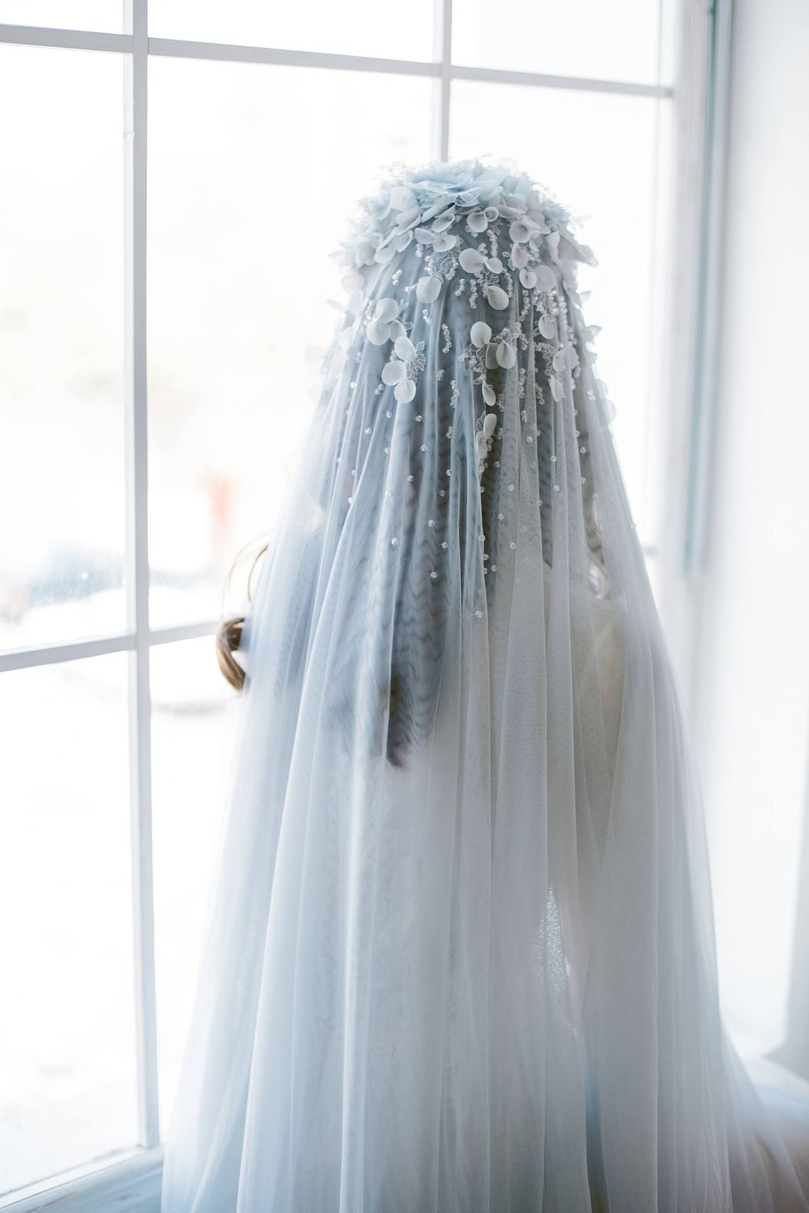 Light Blue Two Tier Cathedral Veil With Hand-sewn Textile Headpiece and ...