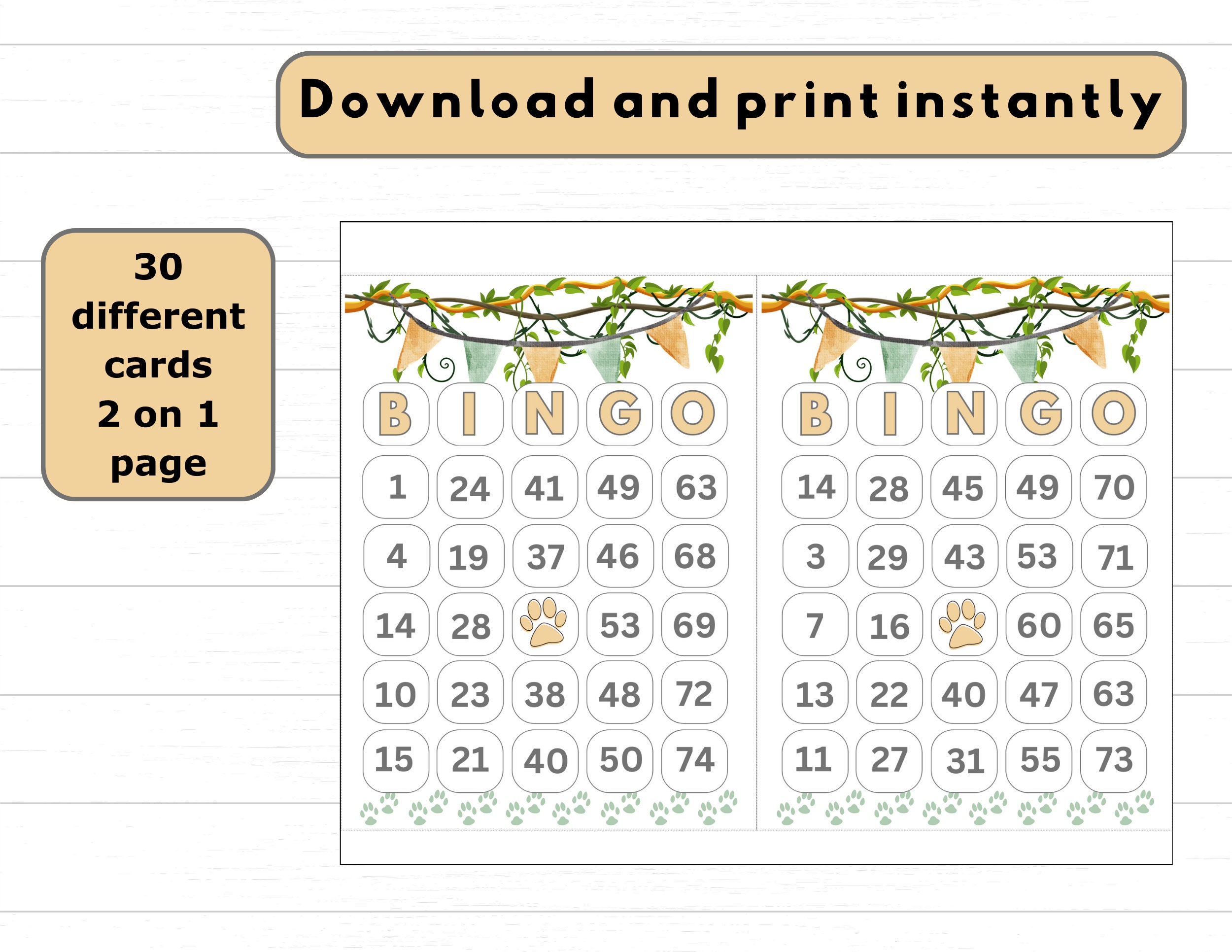 Printable Jungle Bingo for Kids Birthday, Digital Instant Download ...