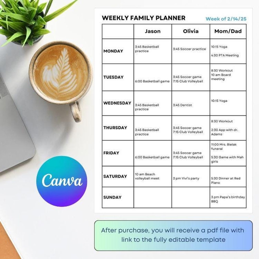 Editable Weekly Family Planner, Printable Minimalist Planner Template ...
