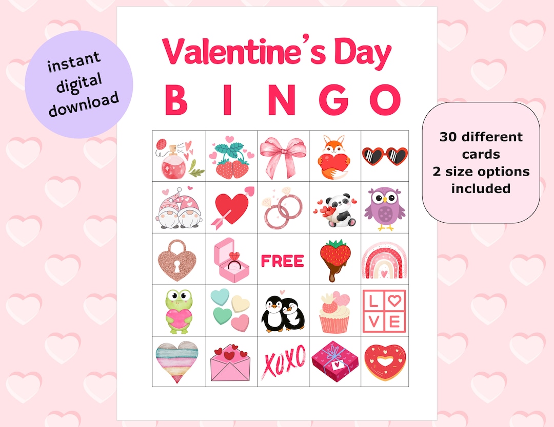 Printable Valentine's Day Bingo for Kids, 30 Different Cards, Digital ...