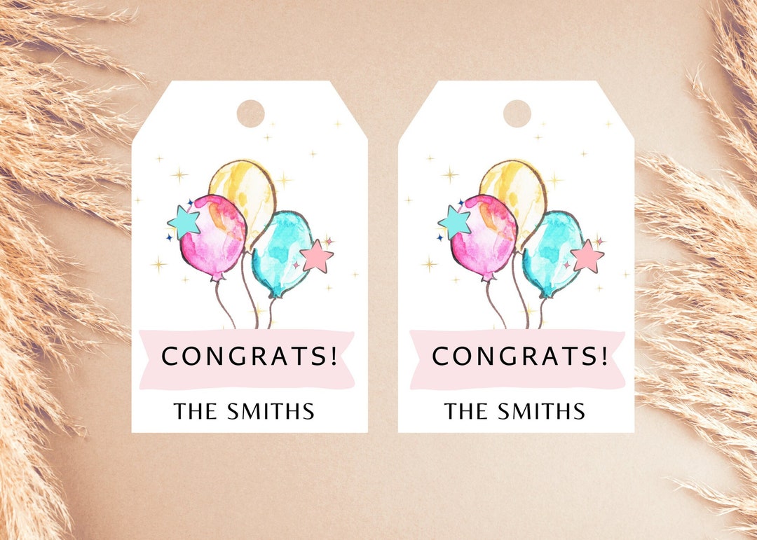Editable Pink congrats Festive Balloons Gift Tags, Graduation Tag ...