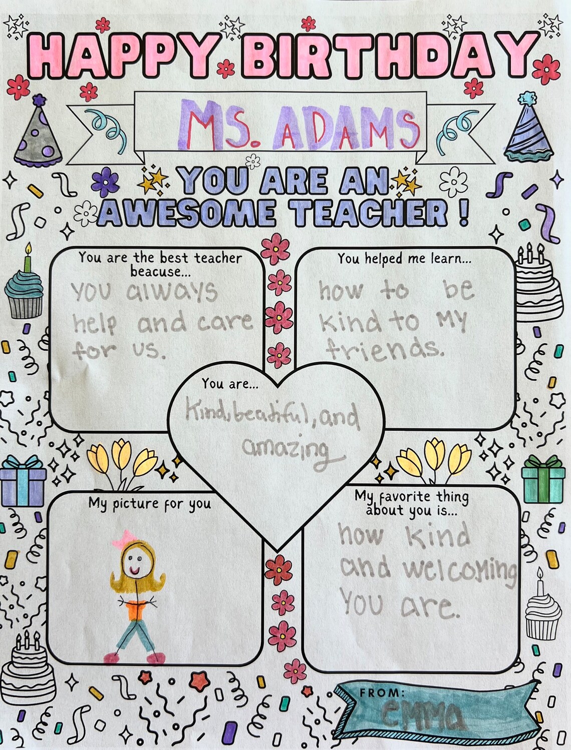 Printable Happy Birthday Teacher Poster for Kids, Happy Birthday ...