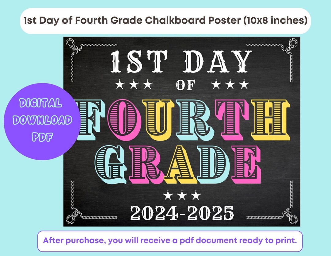 1st Day of Fourth Grade 2024-2024 PRINTABLE Poster, First Day of School ...