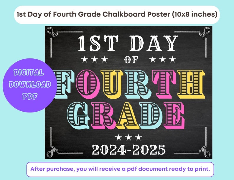 1st Day of Fourth Grade 2024-2024 PRINTABLE Poster, First Day of School ...