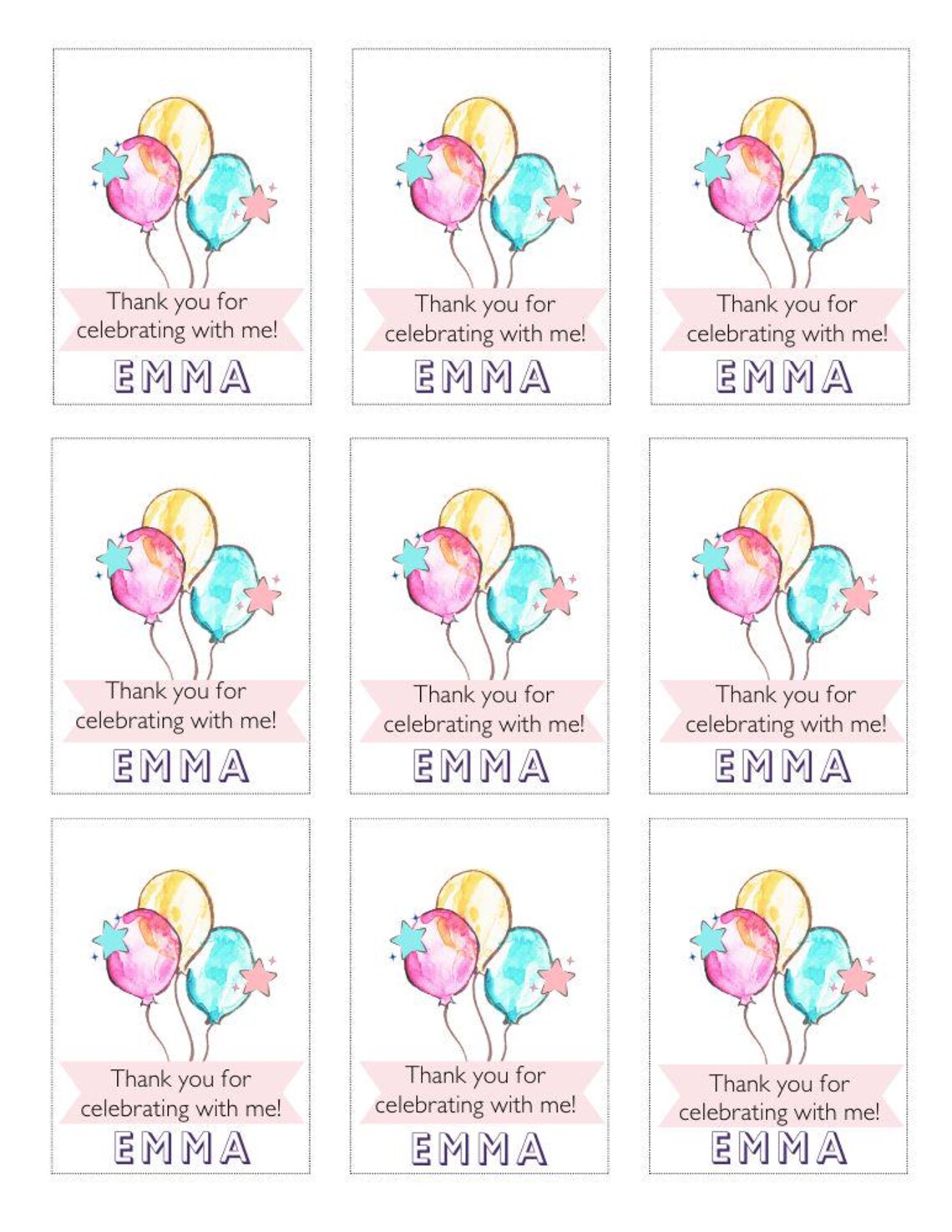 Editable Pink "thank You" Festive Birthday Balloons Gift Tags, Birthday ...