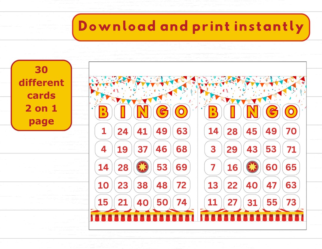 Printable Carnival Circus Bingo for Kids Birthday, Numbers Game for ...