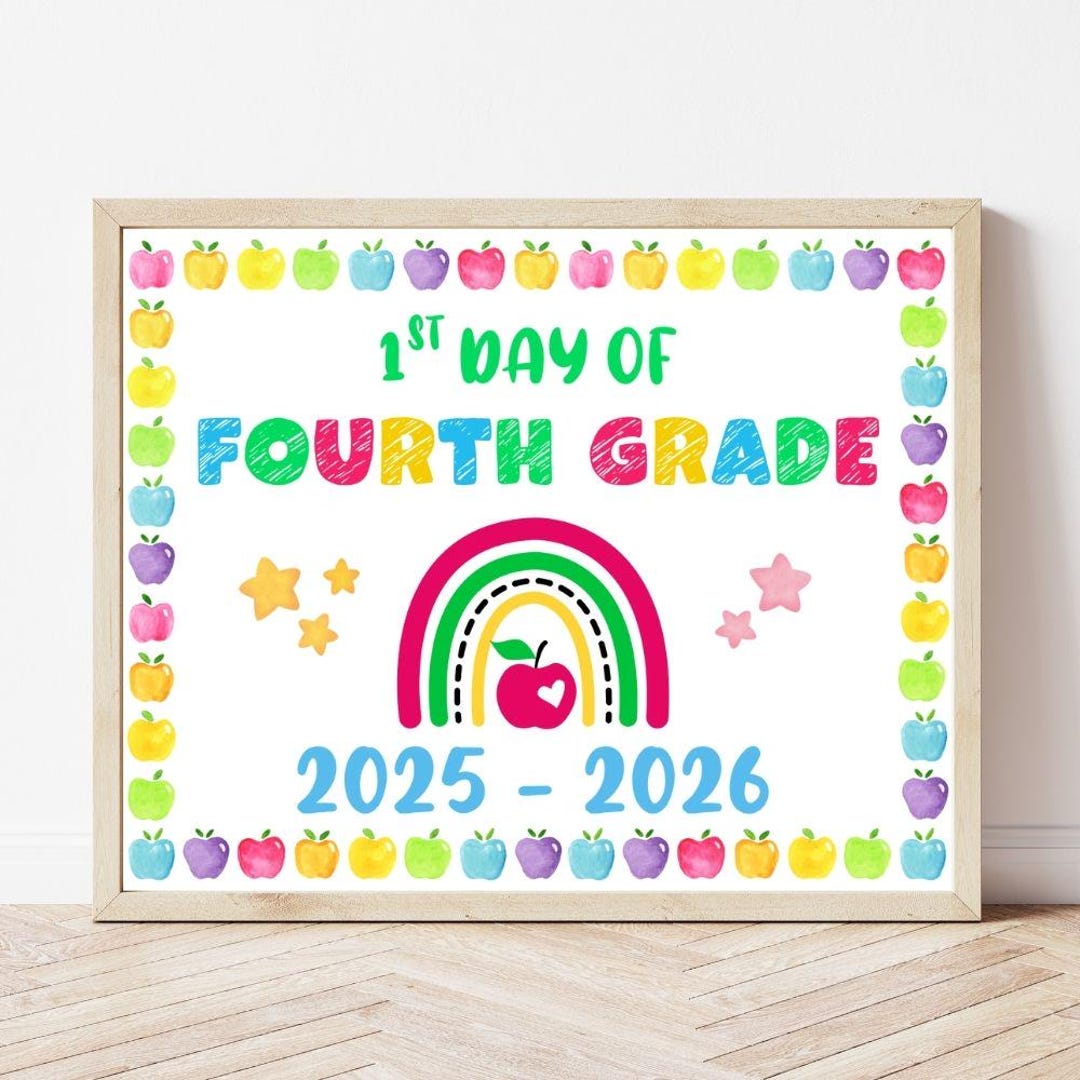 First Day of Fourth Grade Printable Poster, 1st Day of 4th Grade Sign ...