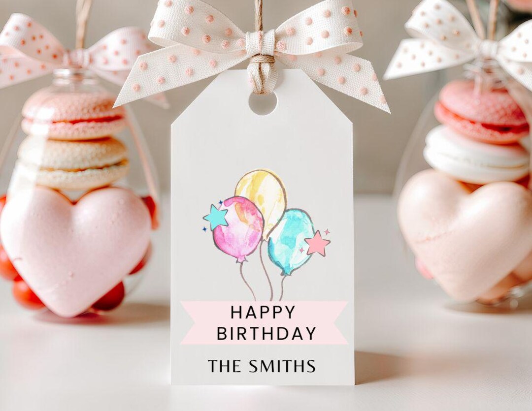 Editable Pink "happy Birthday" Festive Balloons Gift Tags, Birthday Tag ...