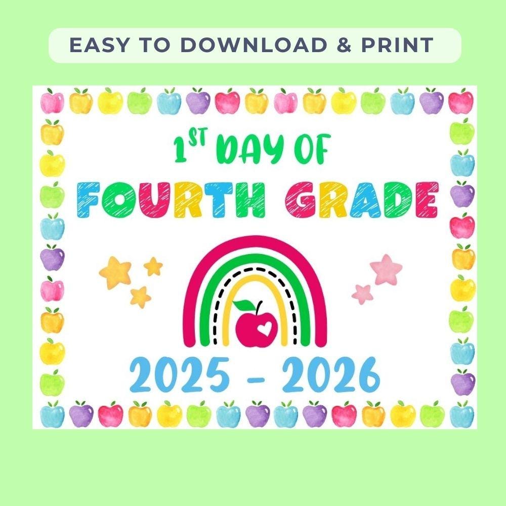 First Day of Fourth Grade Printable Poster, 1st Day of 4th Grade Sign ...