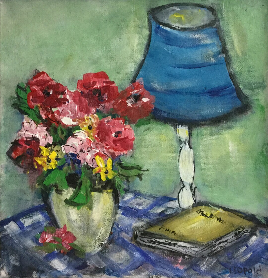 Still Life - Book, Lamp, & Flowers 12"x12" FRAMED Original Painting - Etsy