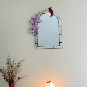 Lily and Cardinal Mirror Stained Glass Panel Pink Hanging Mirror Mother ...