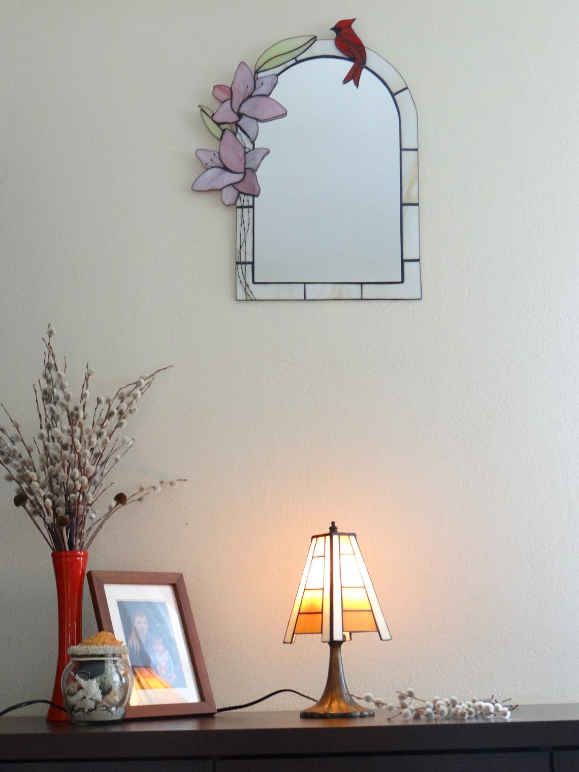 Lily and cardinal Mirror Stained glass panel Pink Hanging | Etsy