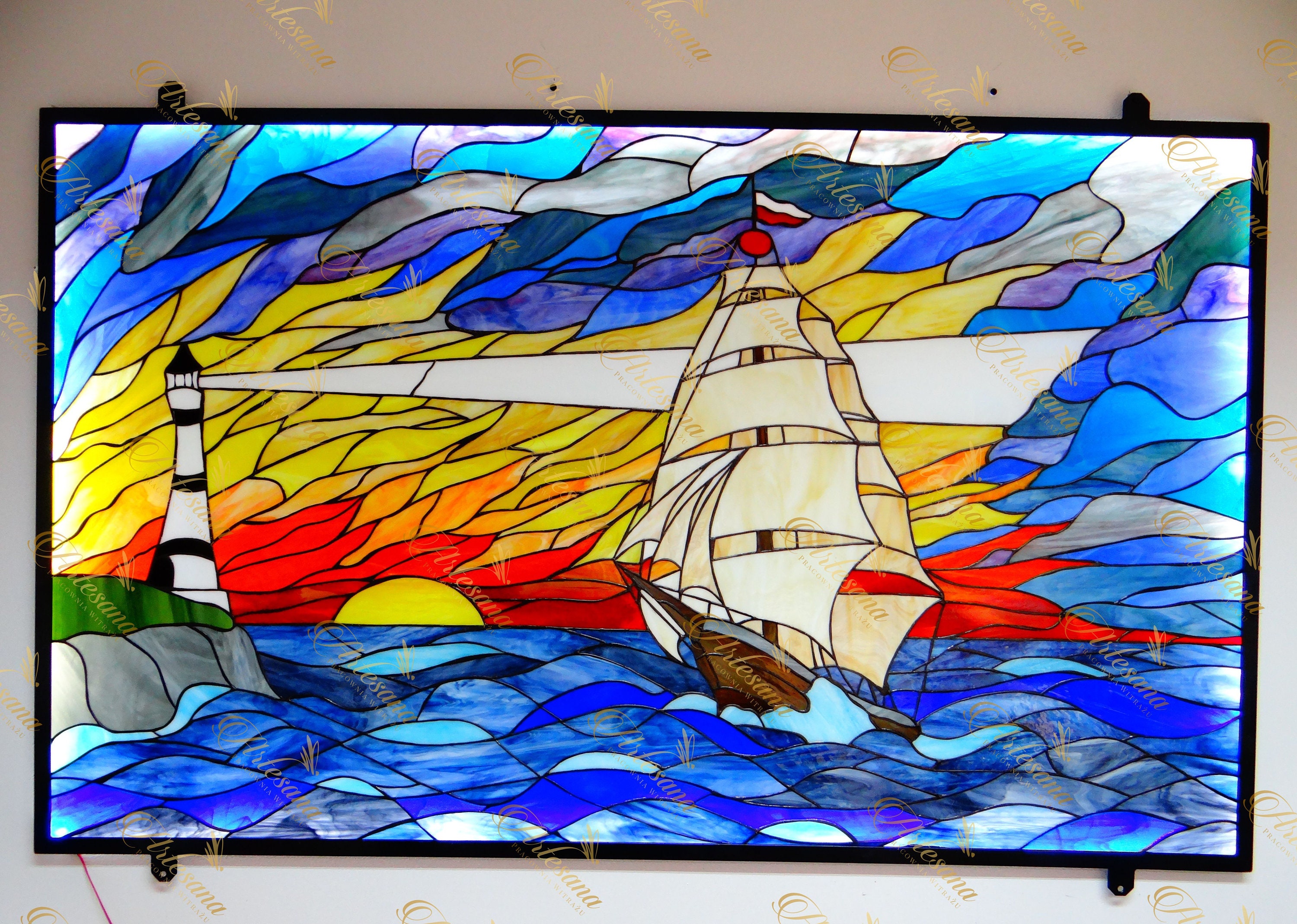 Sunset Stained Glass Panel Sea Sunset Sailing Ship Sunrise Etsy