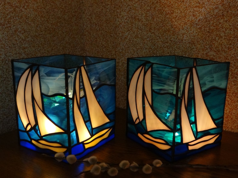 Sailboat Stained Glass Boat Candle Holder Light Box Lantern - Etsy