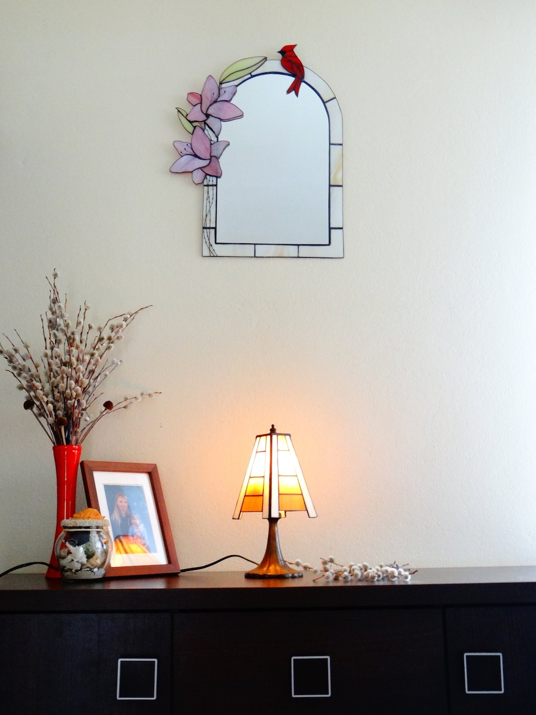 Lily and Cardinal Mirror Stained Glass Panel Pink Hanging Mirror Mother ...