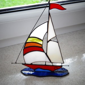Sailboat Stained Glass Ship Statue Boat Glass Art Handmade Glass ...