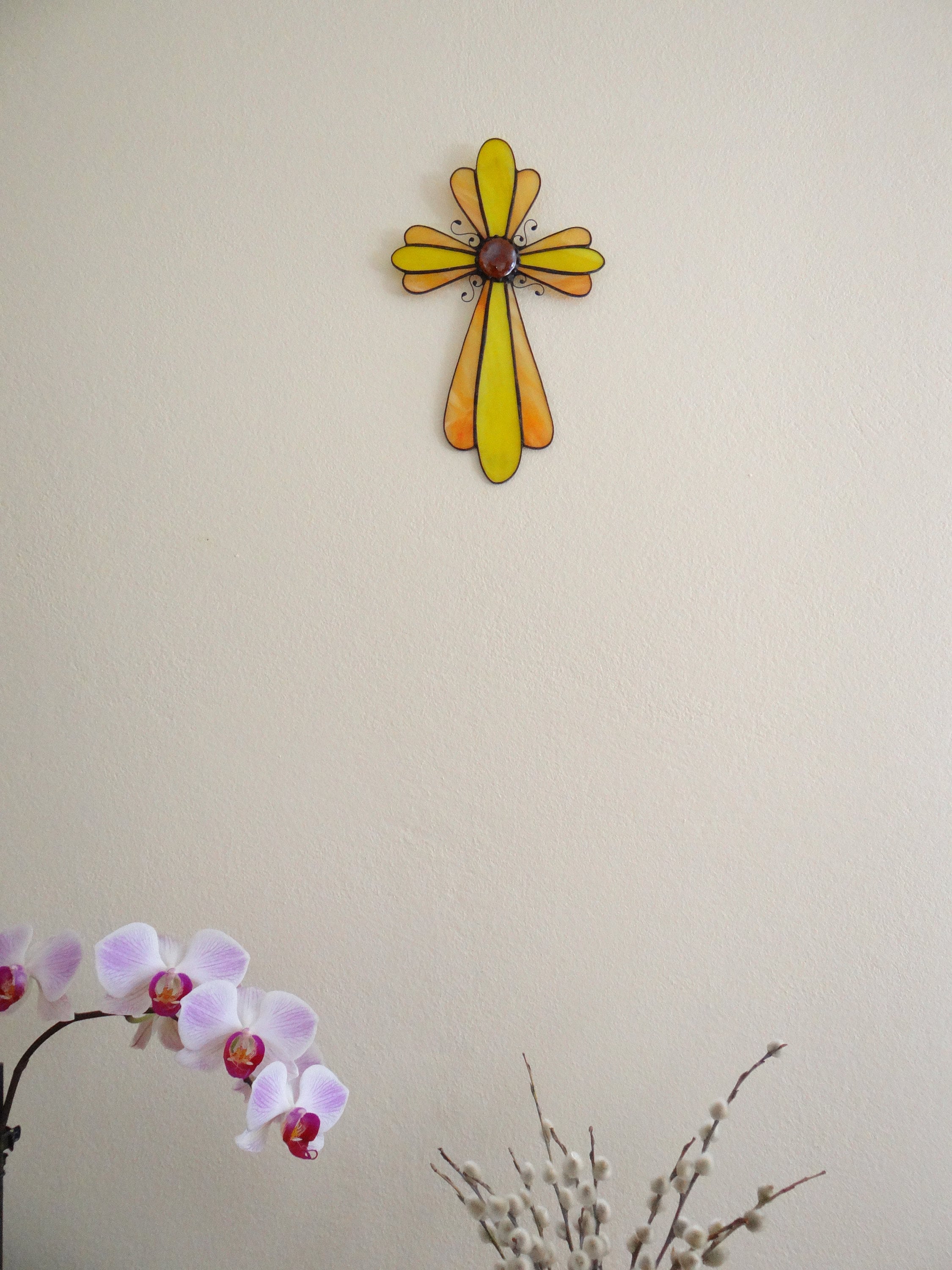 Cross Stained glass suncatcher Yellow Crucifix Baptism Gift | Etsy