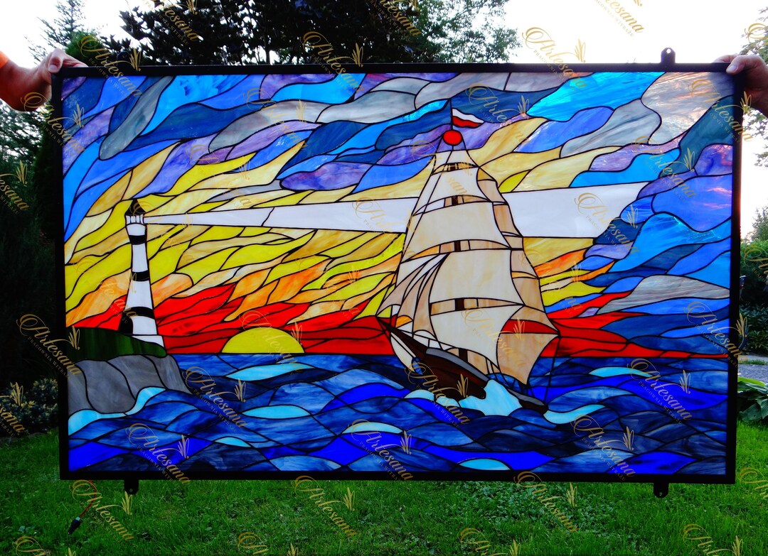 Sunset Stained Glass Panel Sea Sunset Sailing Ship Sunrise Large Panel ...