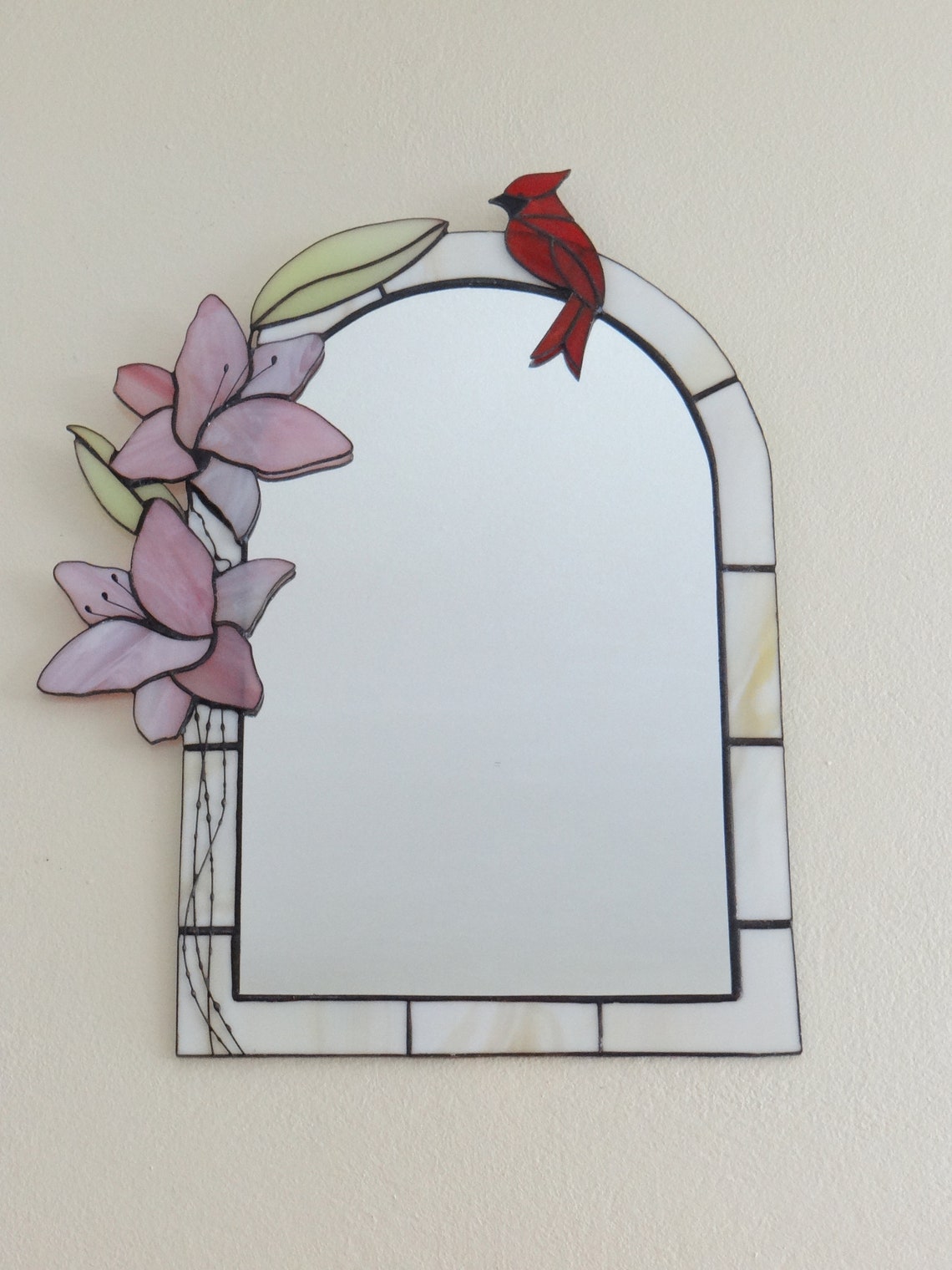 Lily and cardinal Mirror Stained glass panel Pink Hanging | Etsy