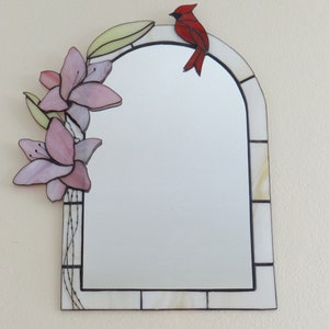 Lily and Cardinal Mirror Stained Glass Panel Pink Hanging Mirror Mother ...