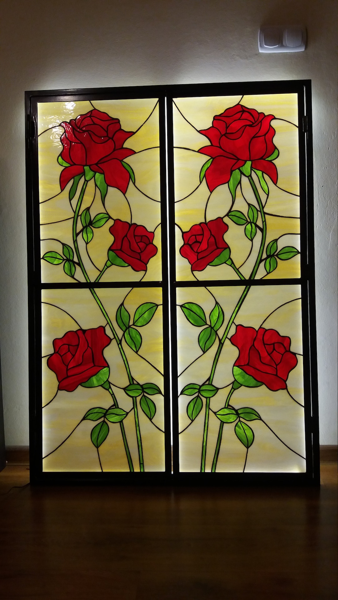 Doble Roses Stained Glass Panel Handmade Glass Art Wall Hanging Wall ...