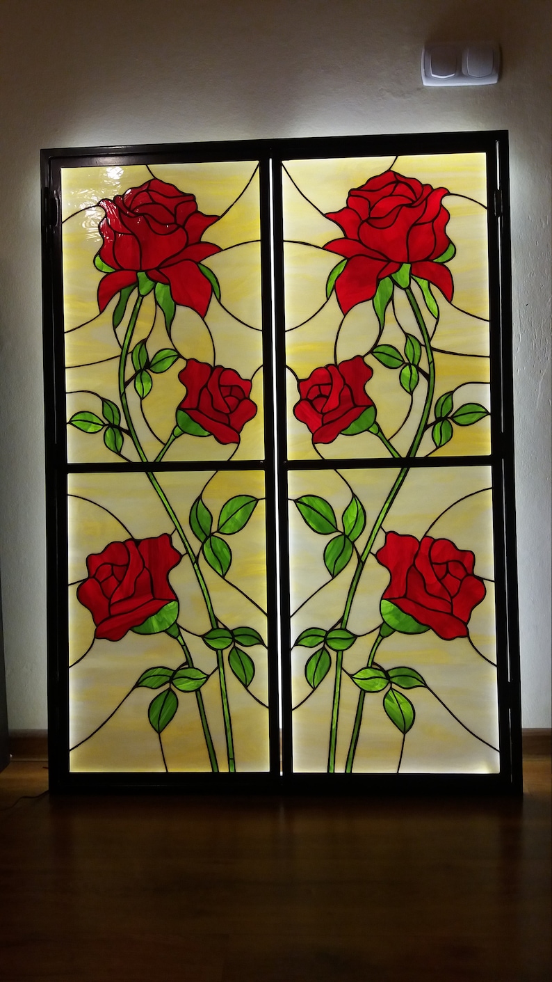 Doble Roses Stained Glass Panel Handmade Glass Art Wall - Etsy