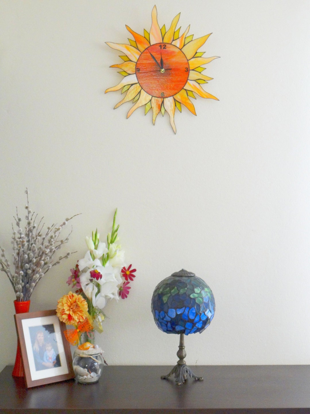 Sun Clock Sunny Large Wall Clock Stained Glass Wall Hanging - Etsy