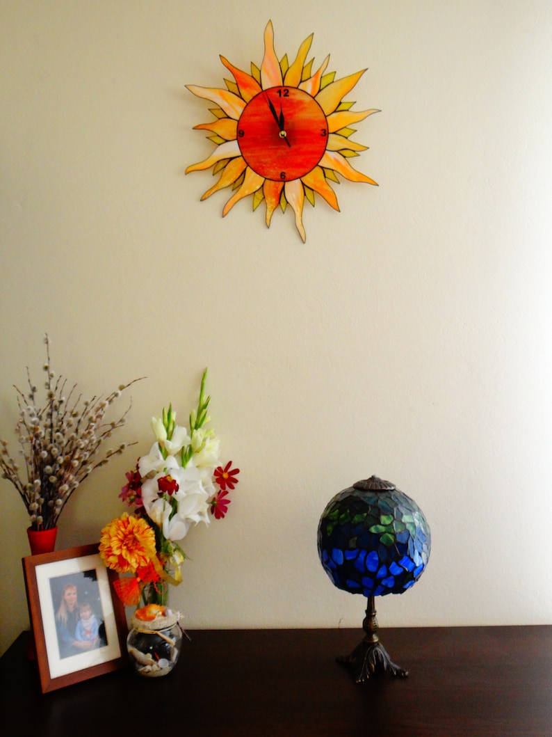 Sun Clock Sunny Large Wall Clock Stained Glass Wall Hanging | Etsy