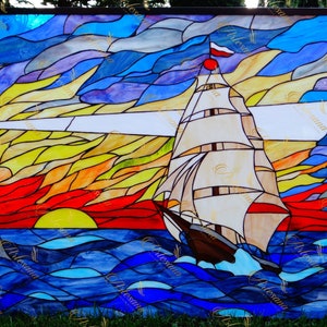 Sunset Stained Glass Panel Sea Sunset Sailing Ship Sunrise Large Panel ...