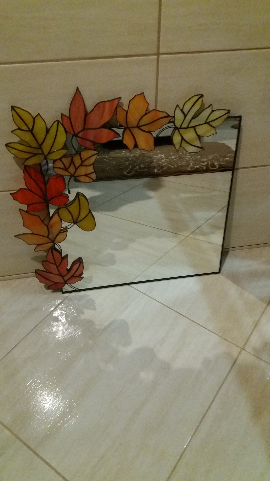 Stained Glass Leaf Mirror With Clock, Autumn Decor - Etsy