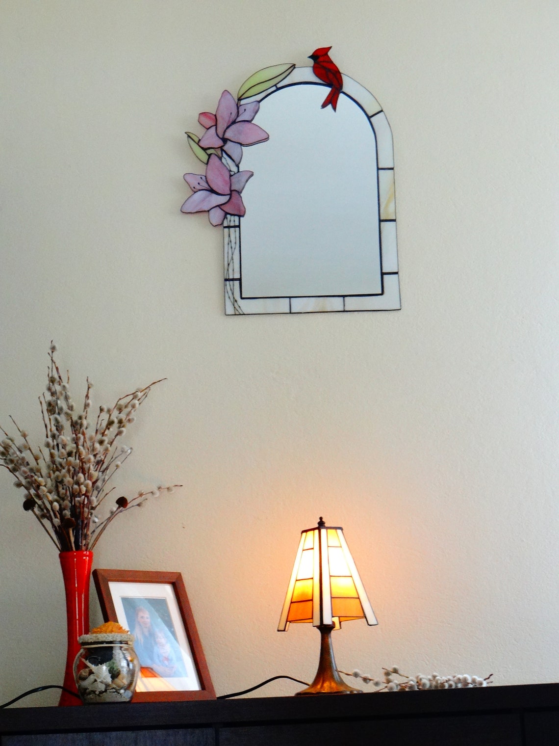 Lily and cardinal Mirror Stained glass panel Pink Hanging | Etsy